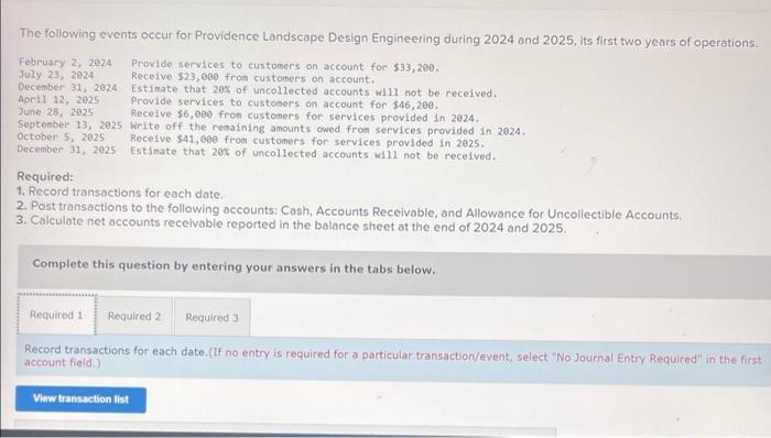 Solved The following events occur for Providence Landscape | Chegg.com