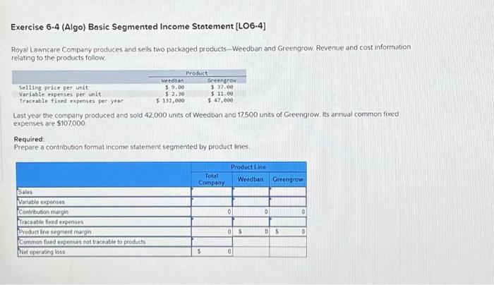 Solved Exercise 6.4 (Algo) Basic Segmented Income Statement | Chegg.com