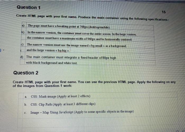 Solved Question 1 15 Create HTML page with your first name. | Chegg.com