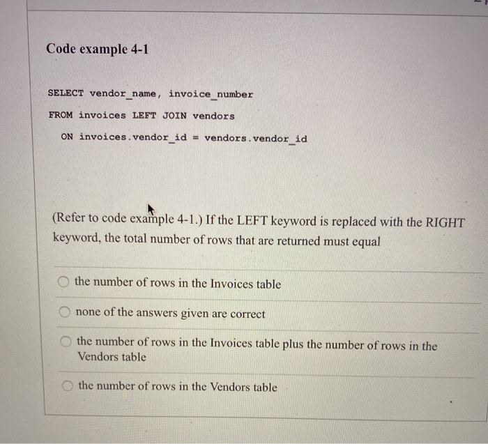 Solved Code example 4-1 SELECT vendor name, invoice_number | Chegg.com