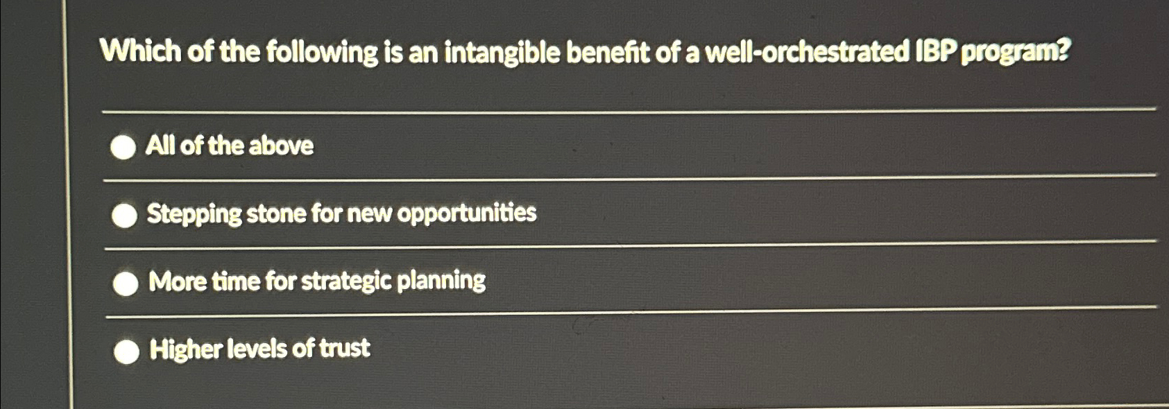 Solved Which of the following is an intangible benefit of a | Chegg.com