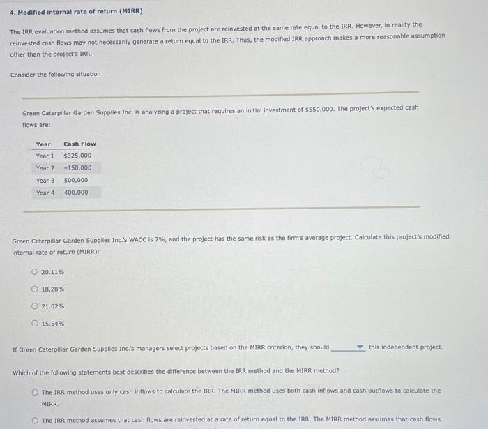 Solved 4 Modified Internal Rate Of Return Mirr The Irr