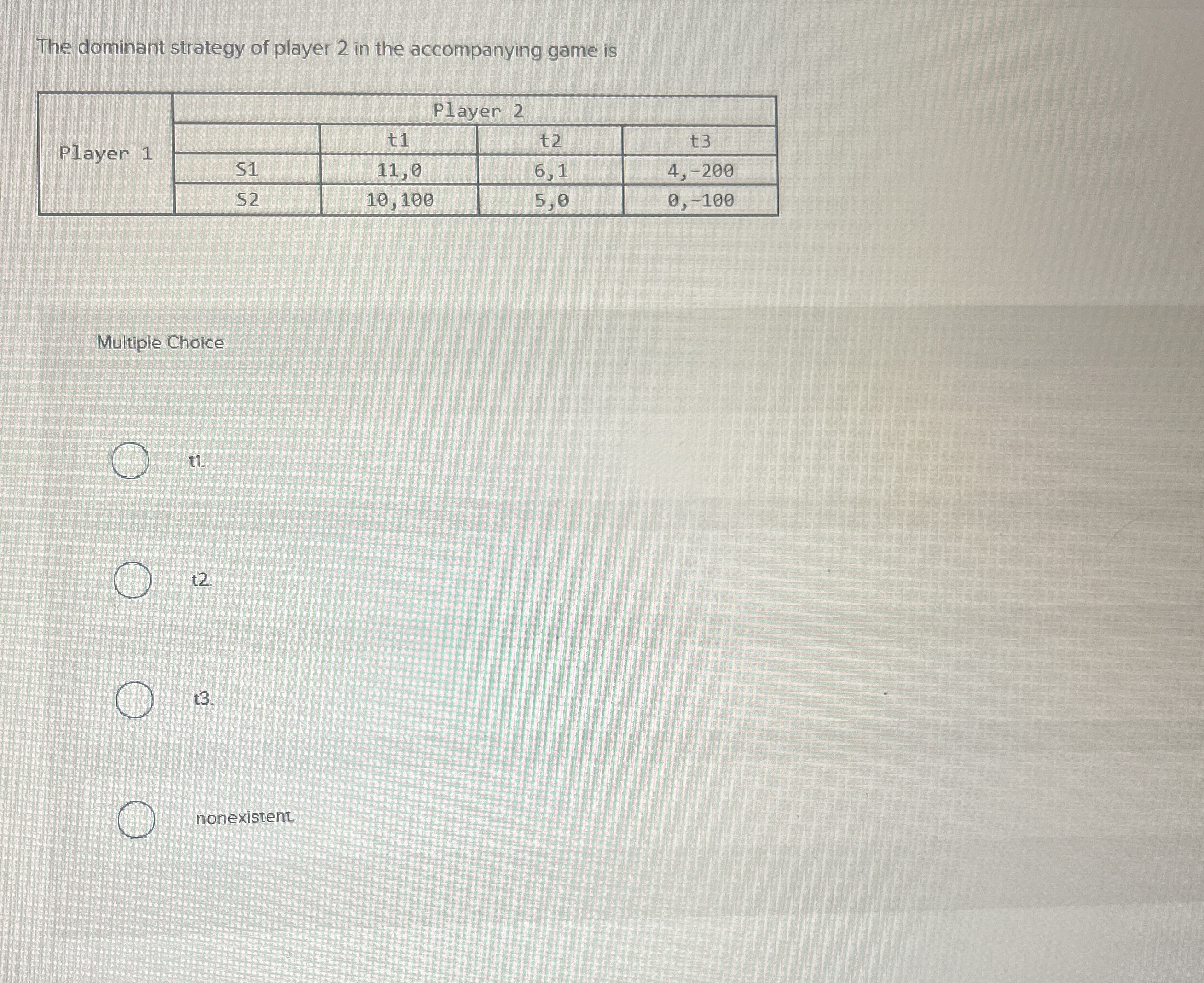 Solved The dominant strategy of player 2 ﻿in the | Chegg.com