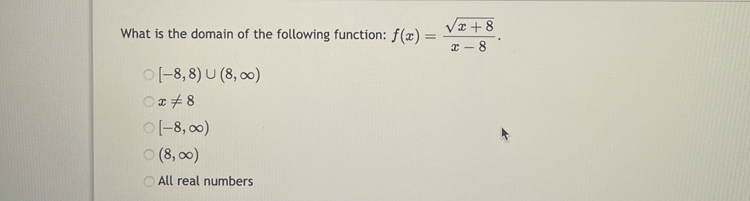 Solved What is the domain of the following function: | Chegg.com