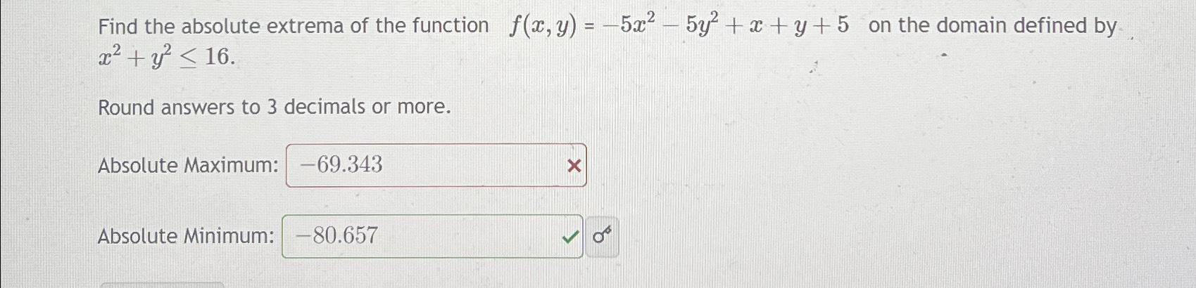 Solved Find the absolute extrema of the function | Chegg.com