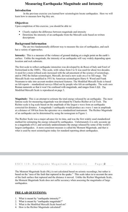 Solved Measuring Earthquake Magnitude and Intensity | Chegg.com