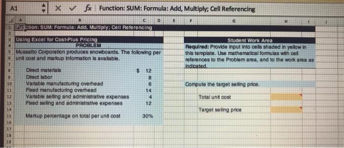 Solved A1 XV fx Function: SUM: Formula: Add, Multiply; Cell | Chegg.com