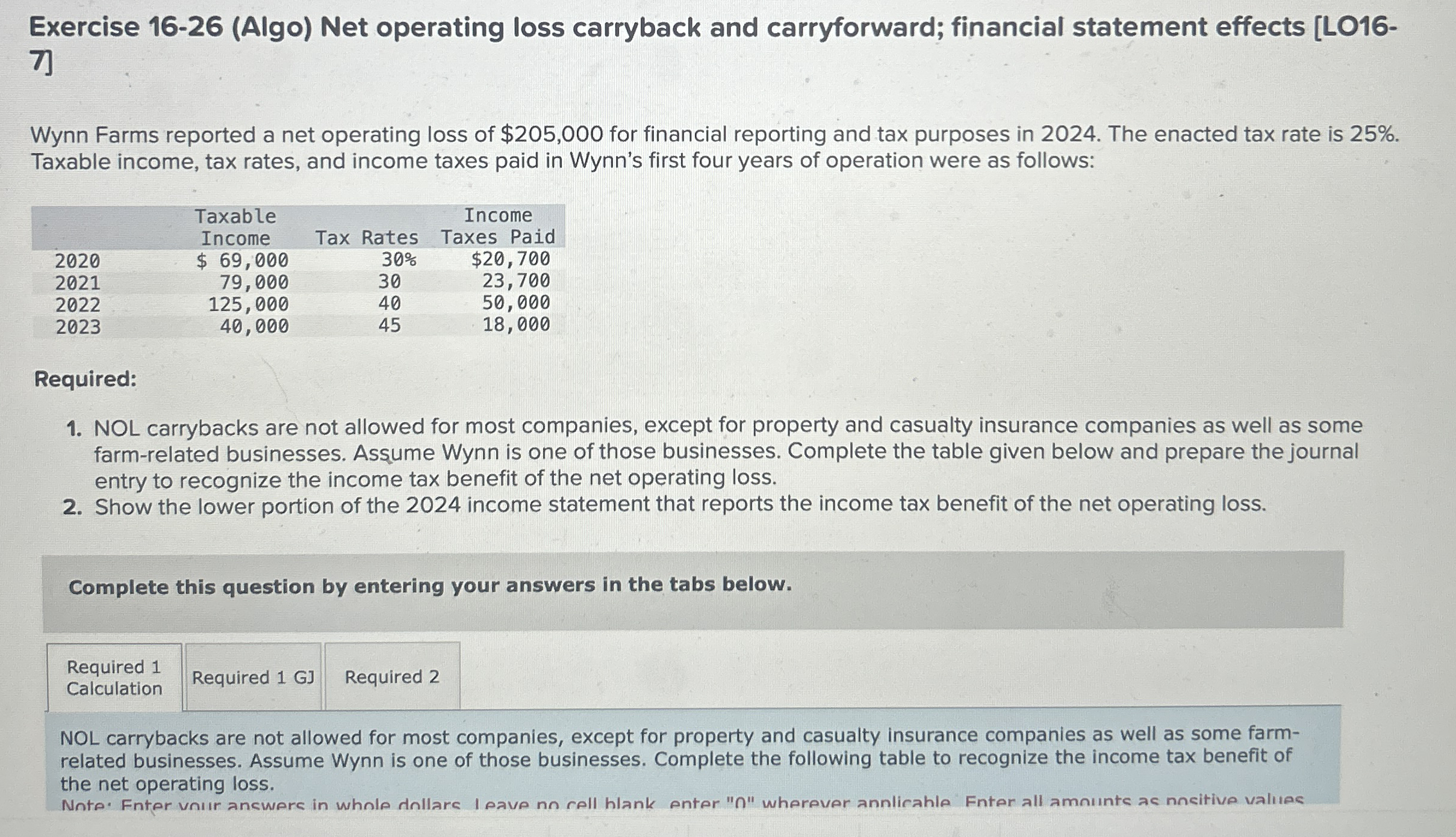 Solved Exercise 16-26 (Algo) ﻿Net operating loss carryback | Chegg.com