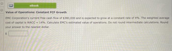 Solved Value of Operations: Constant FCF Growth EMC | Chegg.com
