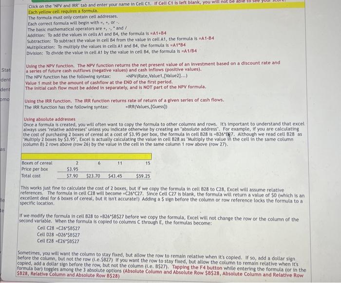 Click on the 'NPV and IRR' tab and enter your name in | Chegg.com
