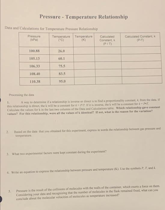 Solved Pressure - Temperature Relationship Data and | Chegg.com