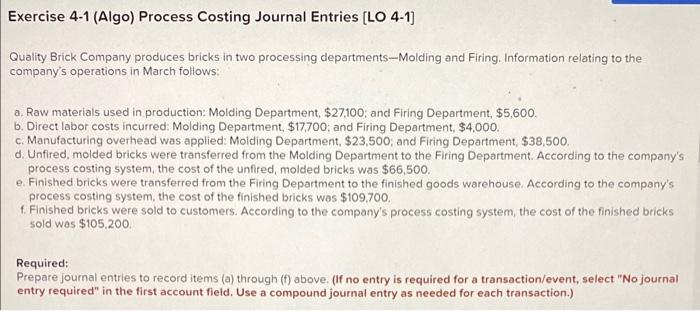 Solved Exercise 4-1 (Algo) Process Costing Journal Entries | Chegg.com