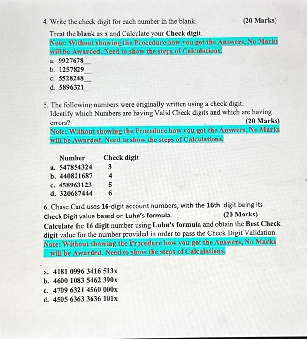 Solved 4. Write the check digit for each number in the | Chegg.com