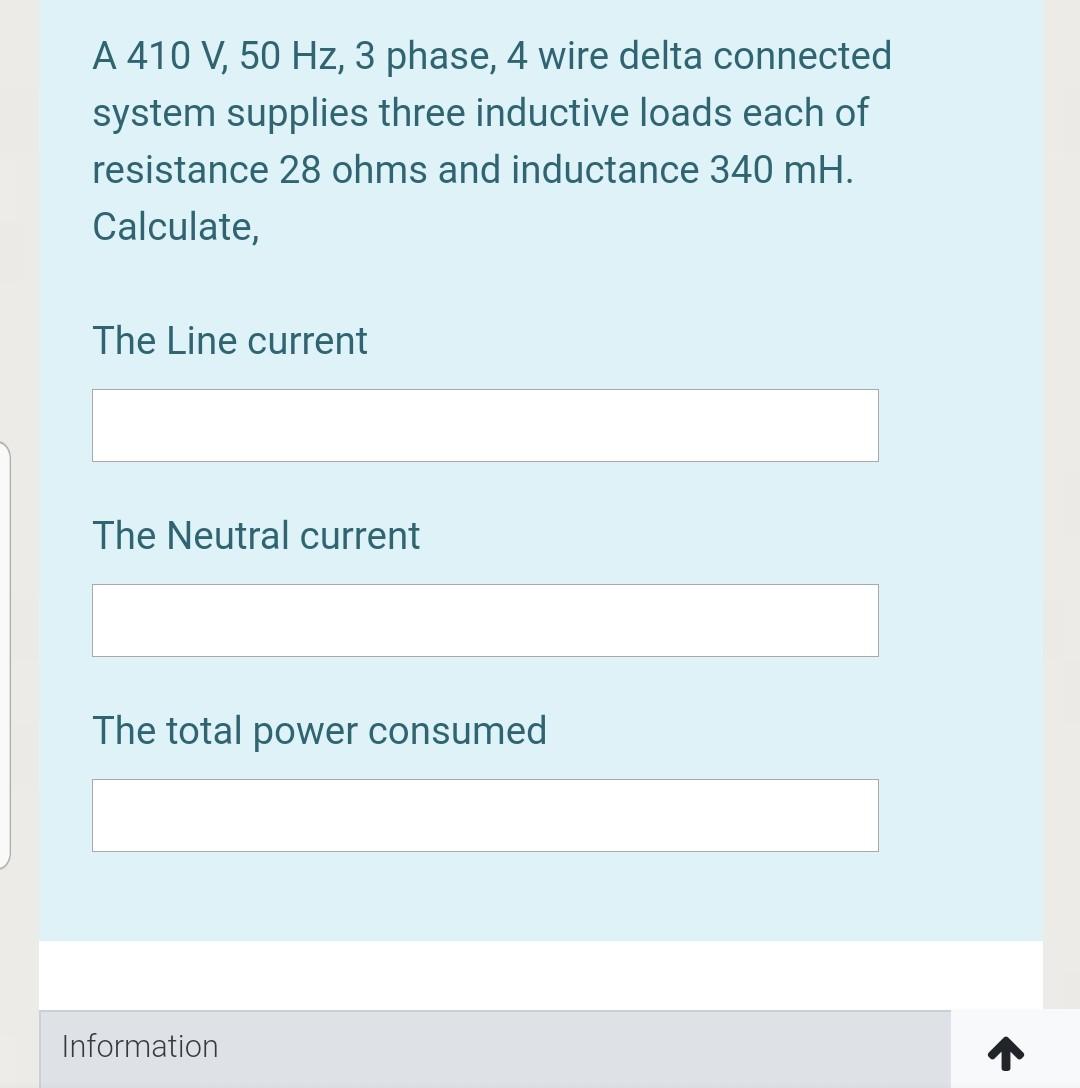 Solved A 410 V, 50 Hz, 3 phase, 4 wire delta connected | Chegg.com