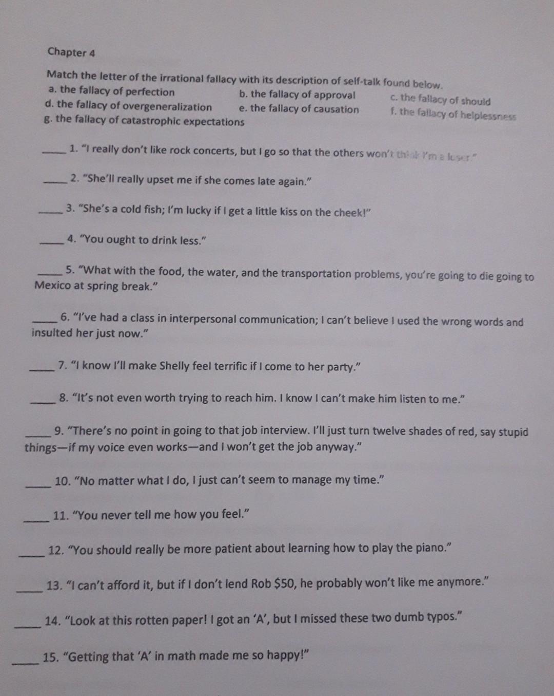 Chapter 4 Match the letter of the irrational fallacy | Chegg.com