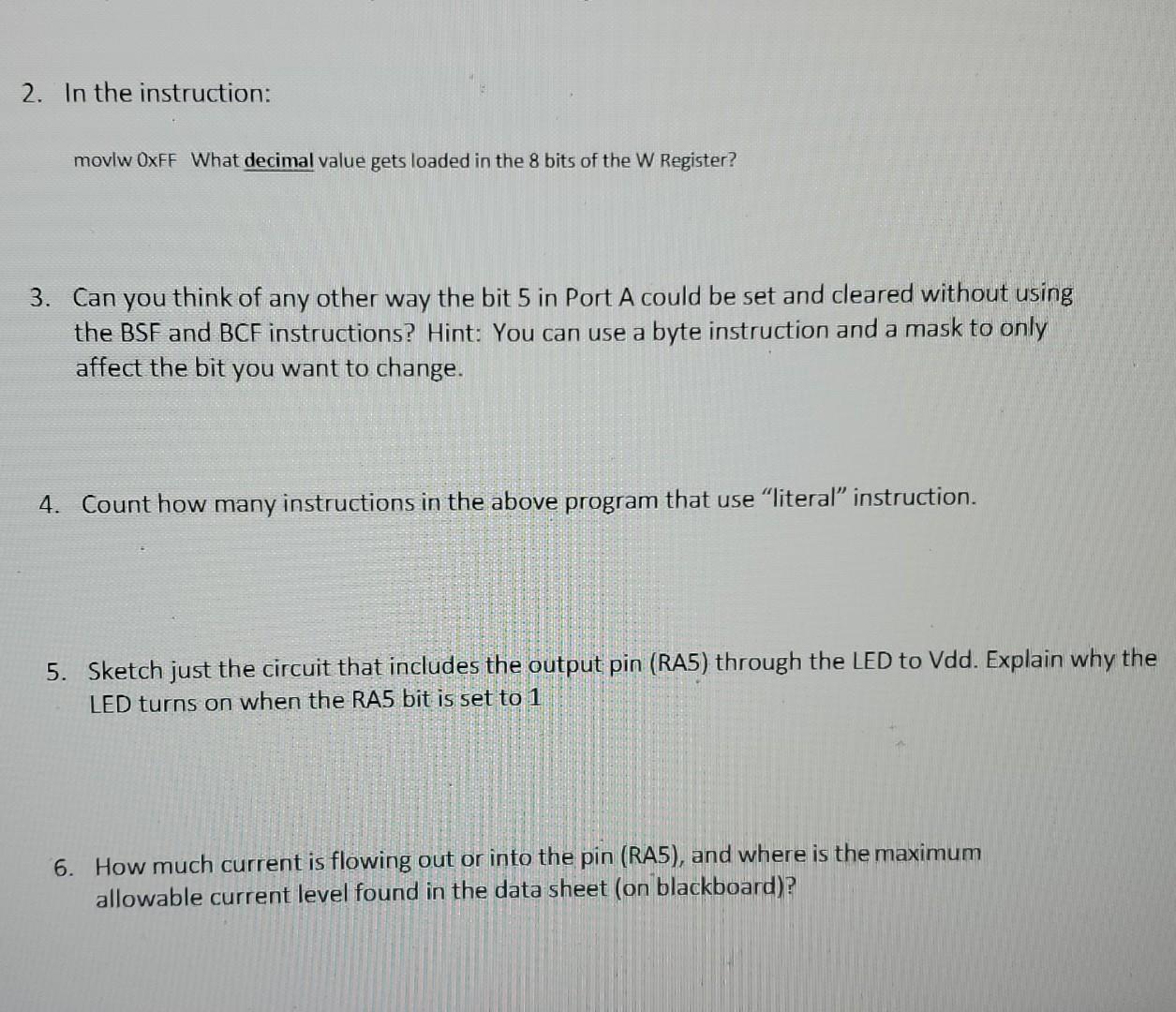 Solved 2. In the instruction: movlw 0xFF What decimal value | Chegg.com