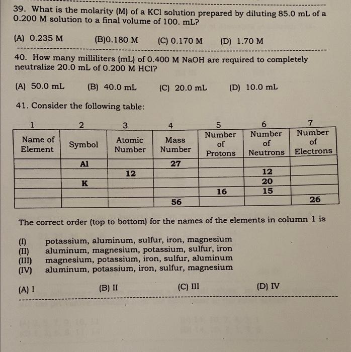 Solved 39. What is the molarity (M) of a KCl solution | Chegg.com
