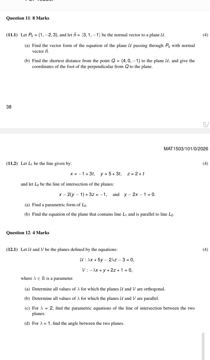 Question 11: 8 ﻿Marks(11.1) ﻿Let P0=(1,-2,3), ﻿and | Chegg.com