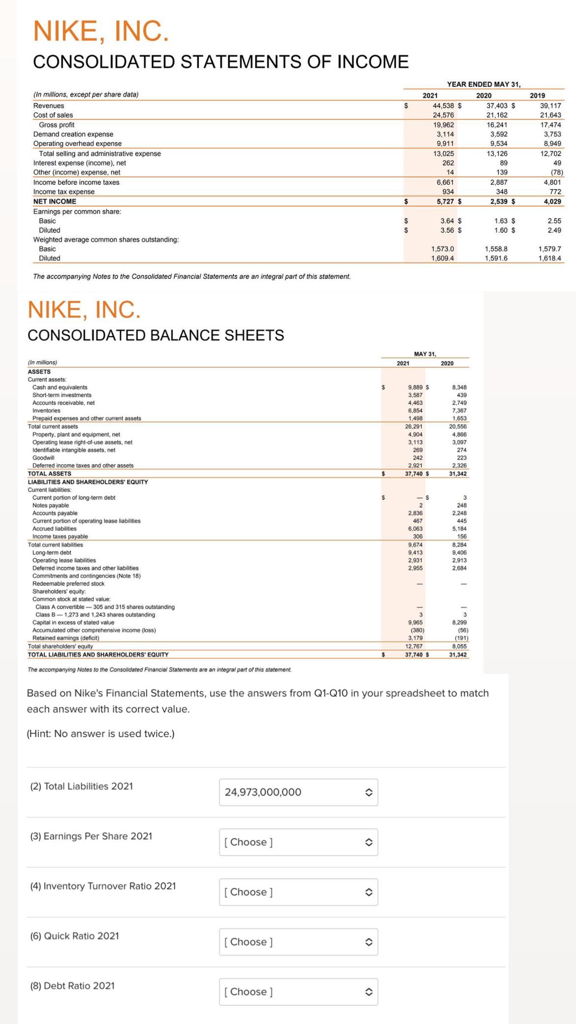 Solved NIKE, INC.CONSOLIDATED STATEMENTS OF | Chegg.com