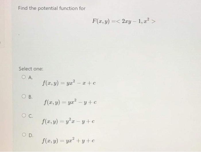 Solved Find the potential function for F(x,y)= 2xy−1,x2 | Chegg.com
