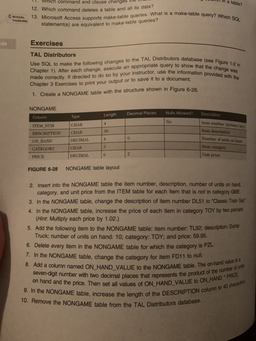 Solved 10. Remove the NONGAME table from the TAL | Chegg.com