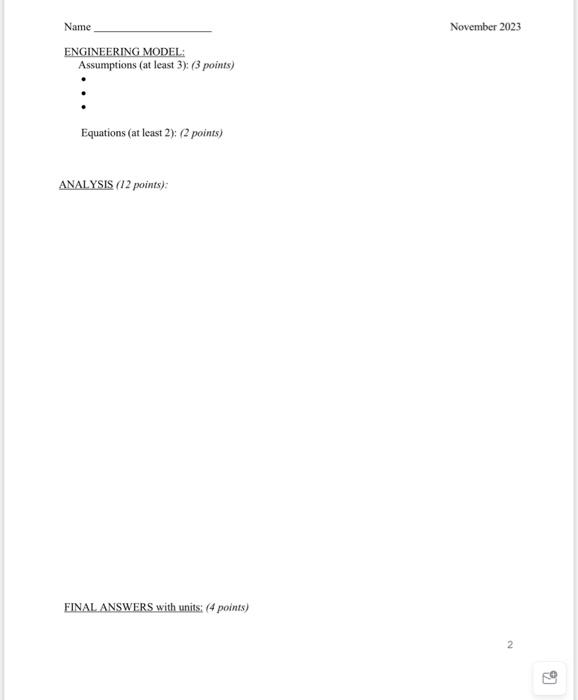 Solved Name November 2023 ENGINEERING MODEL: Assumptions (at | Chegg.com