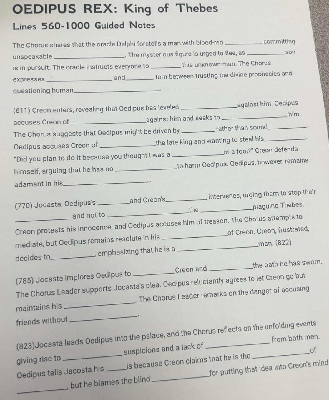 Solved OEDIPUS REX: King of Thebes Lines 560-1000 ﻿Guided | Chegg.com