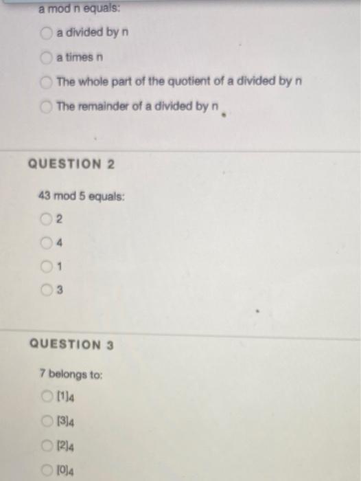 Solved a mod n equals: a divided by n a times n The whole | Chegg.com