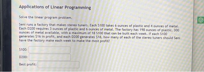 Solved Applications of Linear Programming Solve the linear | Chegg.com