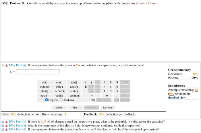 Solved (8\%) Problem 9: Consider a parallel-plate capacitor | Chegg.com Solved (8\%) Problem 9: Consider a parallel-plate capacitor | Chegg.com