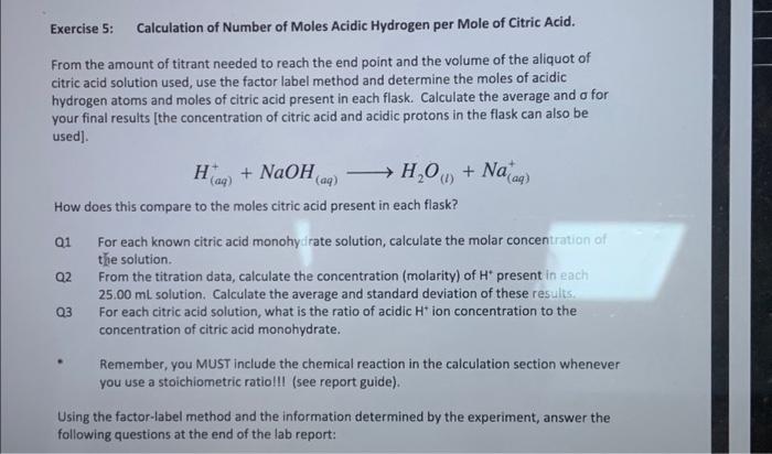 Solved Exercise 5: Calculation of Number of Moles Acidic | Chegg.com