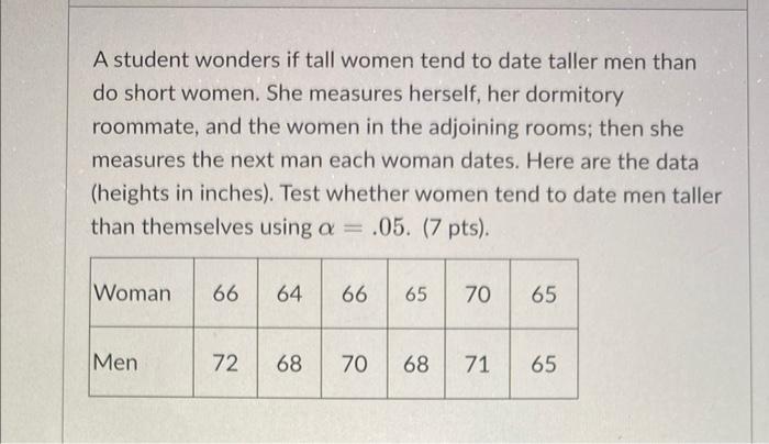 Solved A student wonders if tall women tend to date taller | Chegg.com