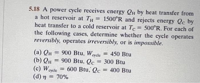 Solved 5.18 A power cycle receives energy QH by heat | Chegg.com