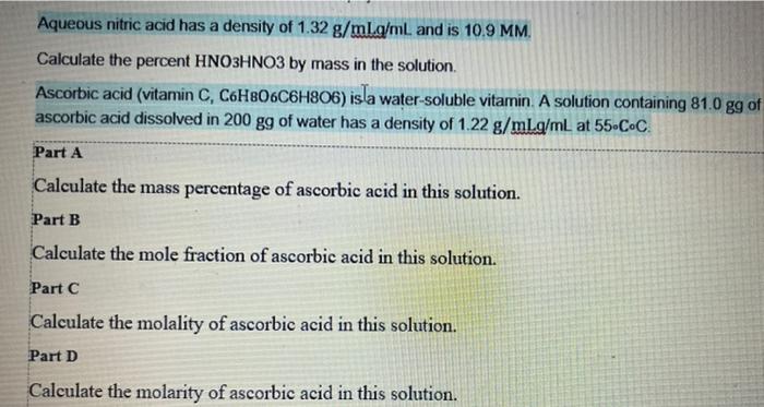 Solved Aqueous nitric acid has a density of 1.32 g/mL/mL and | Chegg.com