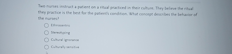 Solved Two nurses instruct a patient on a ritual practiced | Chegg.com