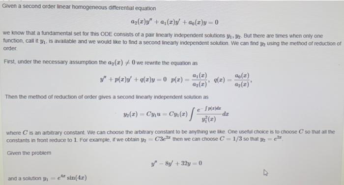 Solved Given a second order linear homogeneous differential | Chegg.com
