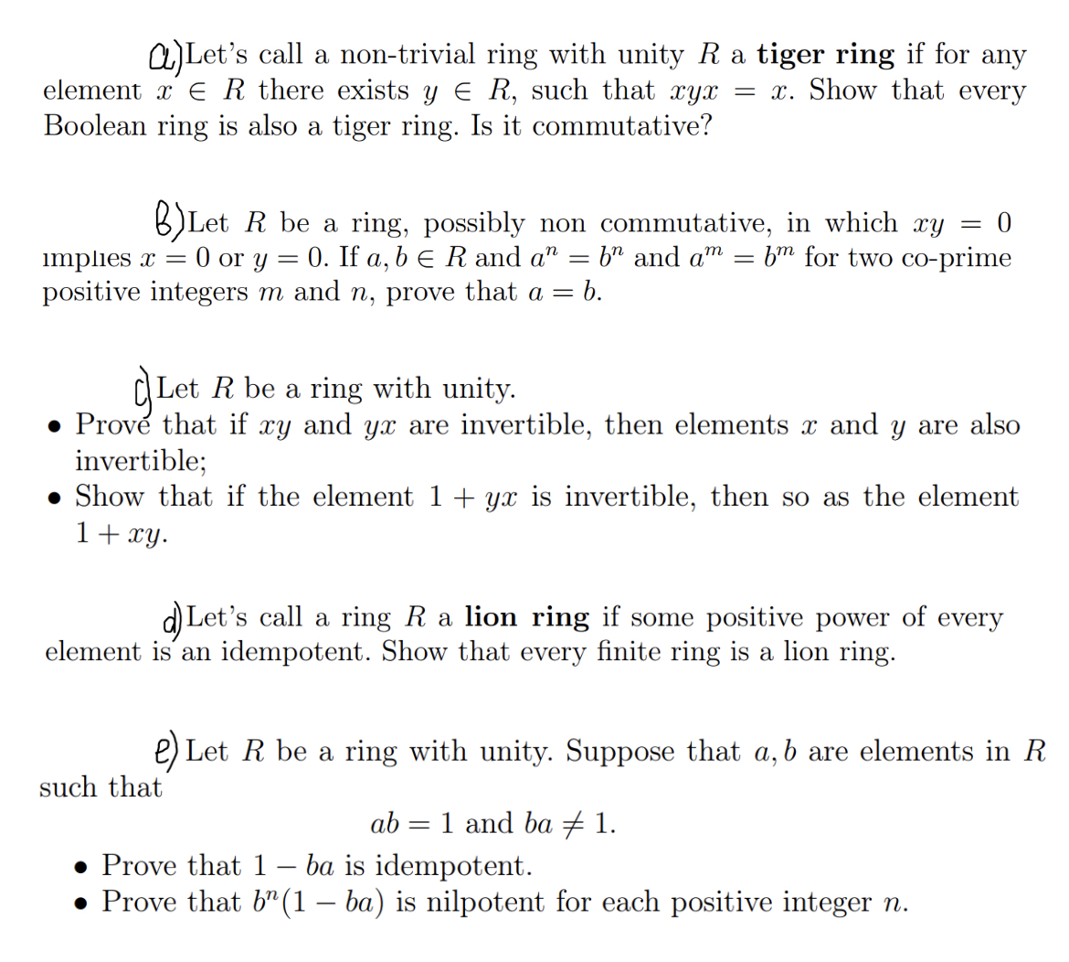Solved a)Let's call a non-trivial ring with unity R ﻿a tiger | Chegg.com