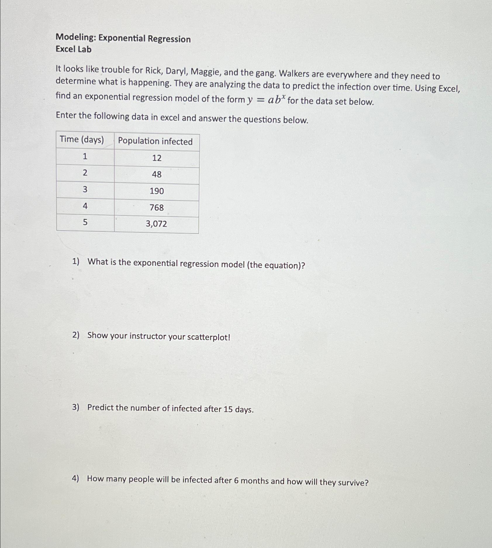 Solved Modeling: Exponential RegressionExcel LabIt looks | Chegg.com