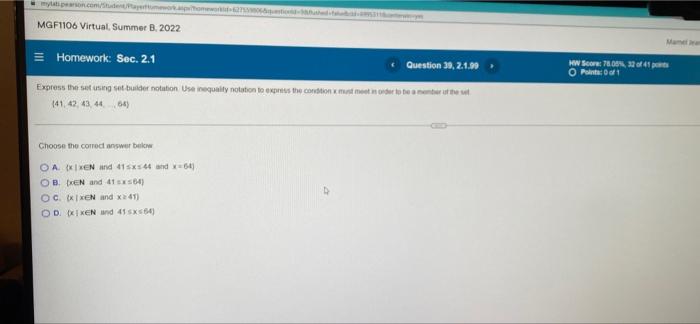 Solved mylipearson.com/Student/aye MGF1106 Virtual, Summer | Chegg.com