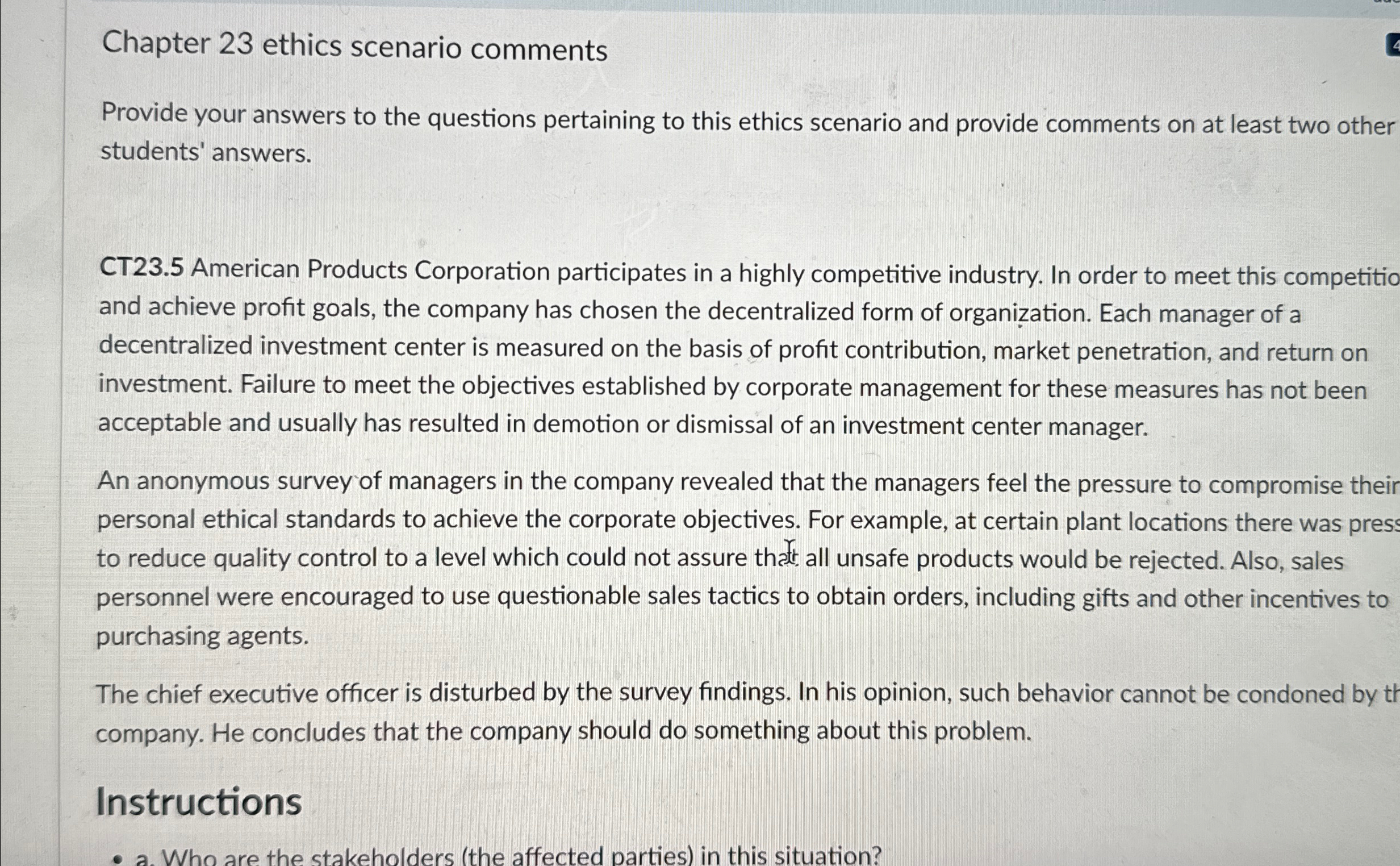 Solved Chapter 23 ﻿ethics scenario commentsProvide your | Chegg.com