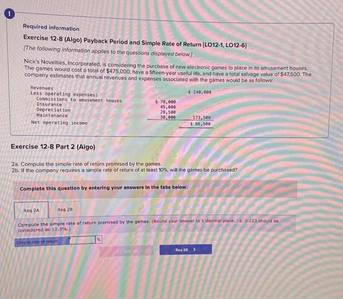 Solved Required information Exercise 12-8 (Algo) Payback | Chegg.com