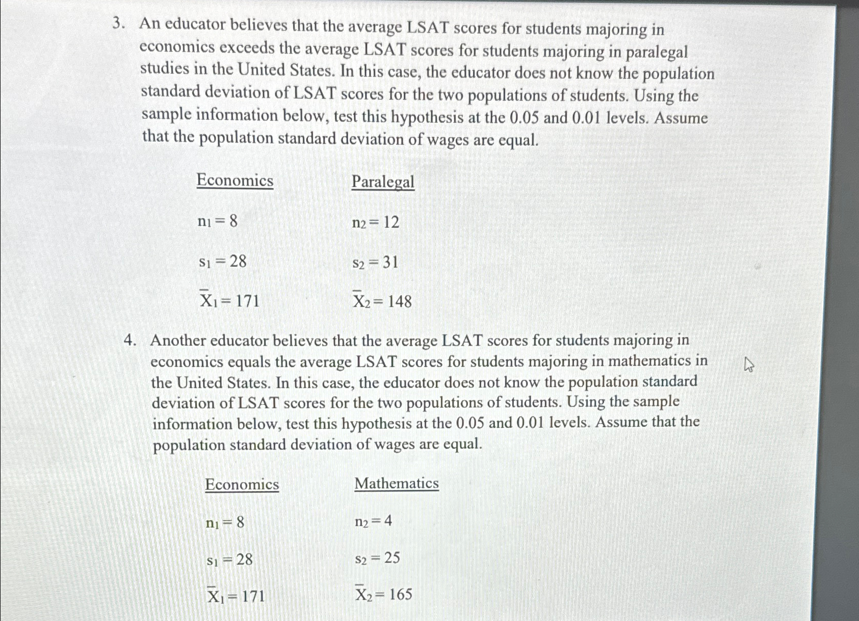 Solved An educator believes that the average LSAT scores for | Chegg.com