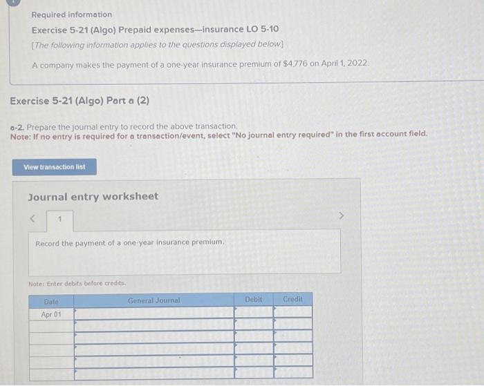 Solved Required information Exercise 5-21 (Algo) Prepaid | Chegg.com