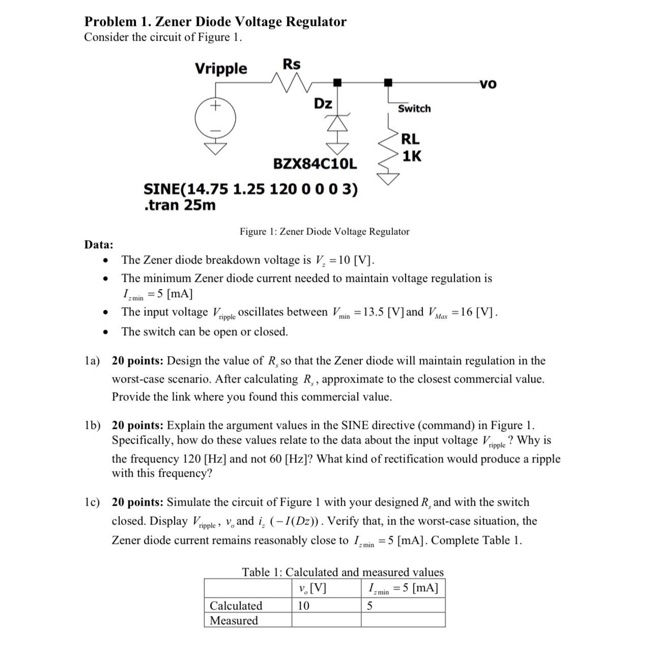 Solved Problem 1. ﻿Zener Diode Voltage RegulatorConsider the | Chegg.com