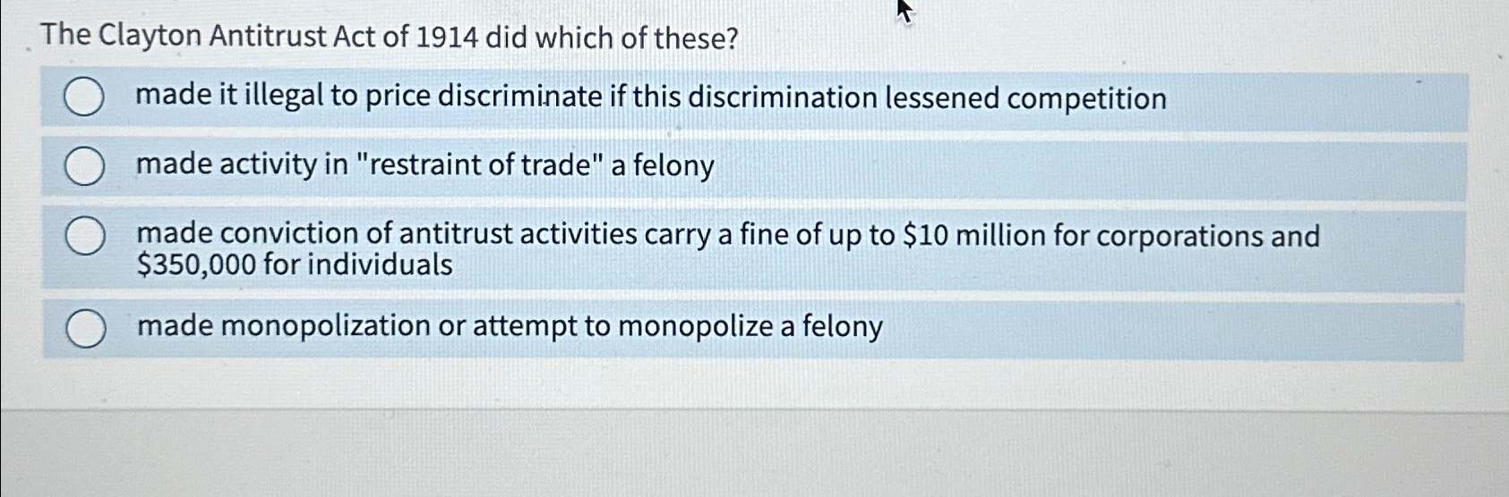 Solved The Clayton Antitrust Act of 1914 ﻿did which of | Chegg.com