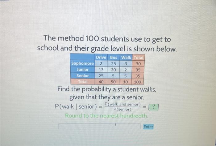 Solved The method 100 students use to get to school and | Chegg.com