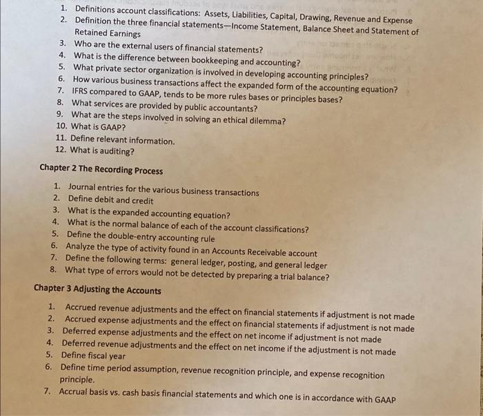 1. Definitions account classifications: Assets, | Chegg.com