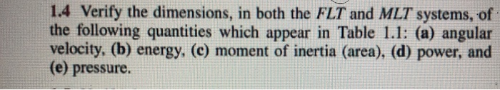 Solved 1.4 Verify the dimensions, in both the FLT and MLT | Chegg.com