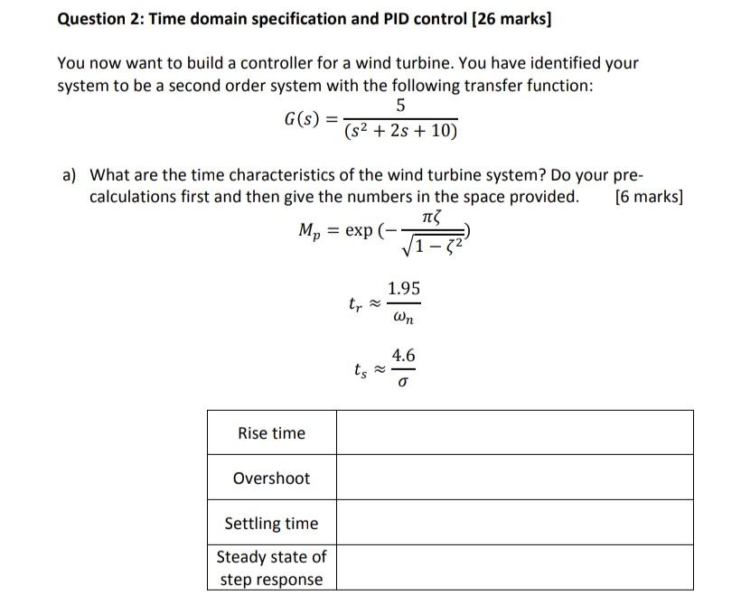 Solved Question 2: Time domain specification and PID control | Chegg.com