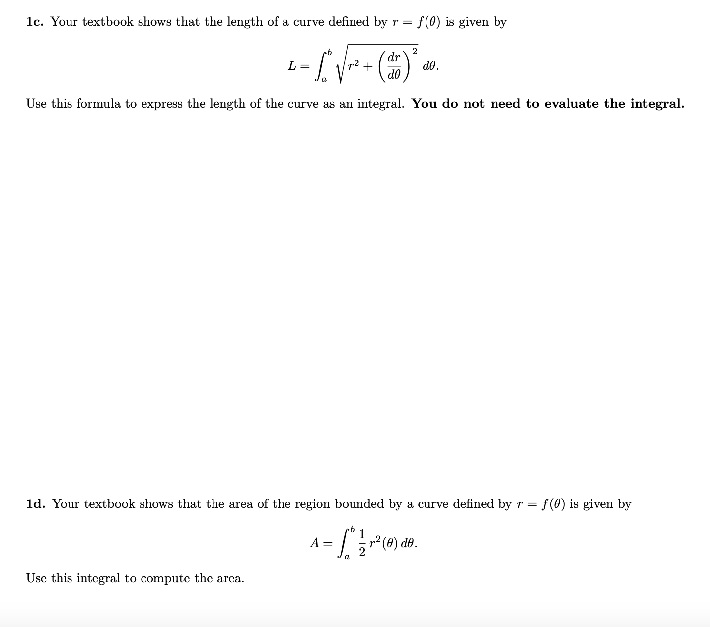 Solved 1c. ﻿Your textbook shows that the length of a curve | Chegg.com